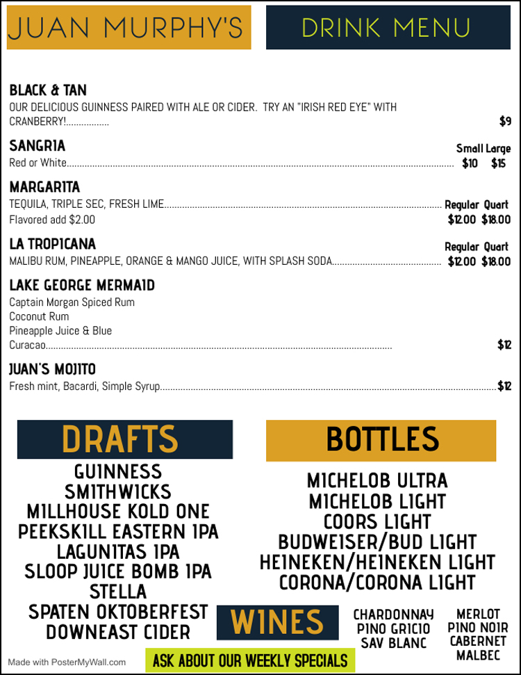 Juan Murphy's, Irish pub with Mexican grub serving Poughkeepsie New York